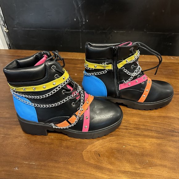 Shoes | Multi Colored Chained Black Combat Boots | Poshmark
